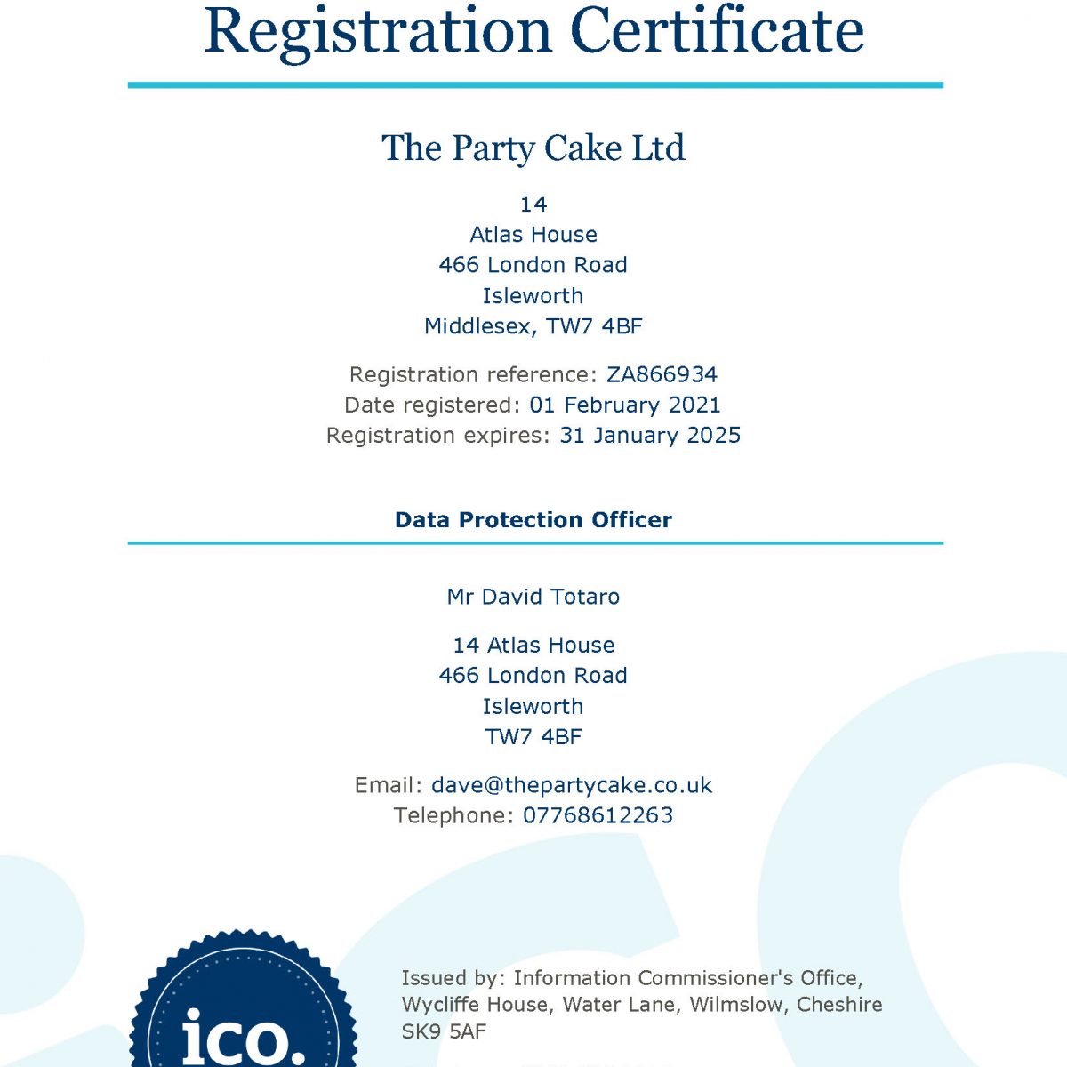 ICO Data Protection Registration Certificate • The Party Cake • TPC