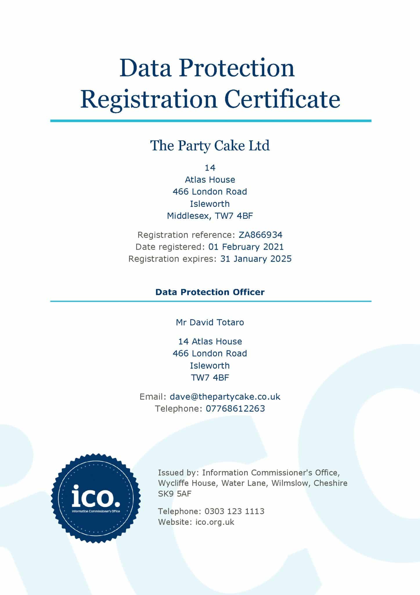 ICO Data Protection Registration Certificate • The Party Cake • TPC